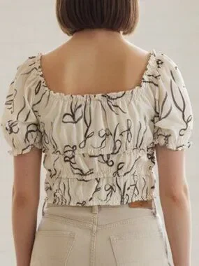 Zara | Tops | Zara Cream Bow Print Off The Shoulder Puff Sleeve Satin ...